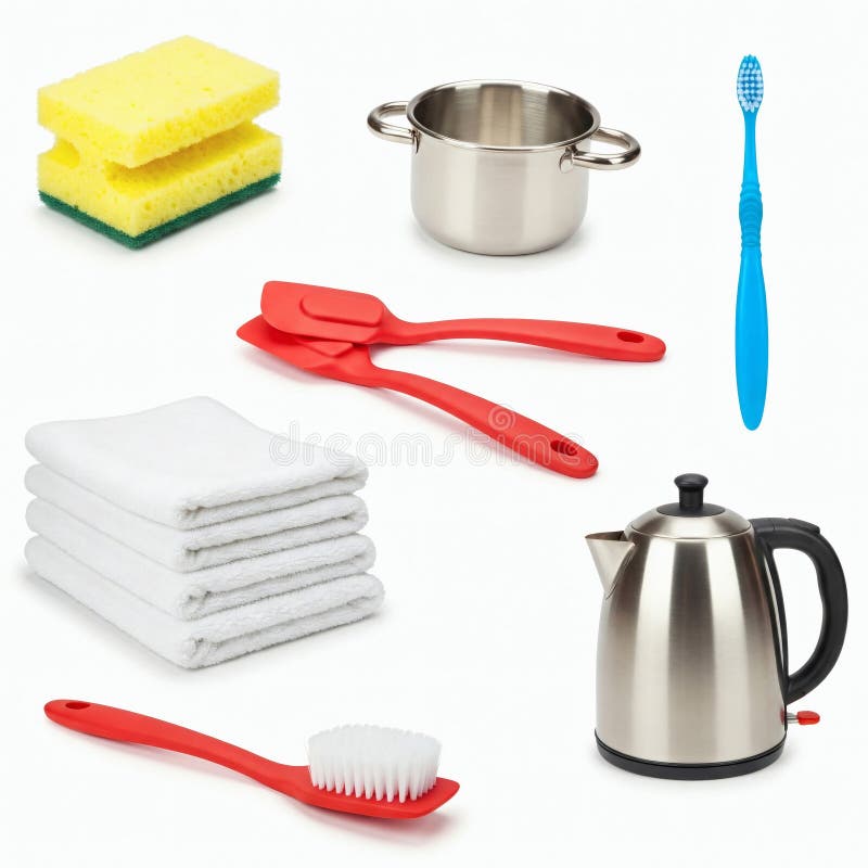 Collection of Cleaning Equipment on White Background. Each One is Shot ...