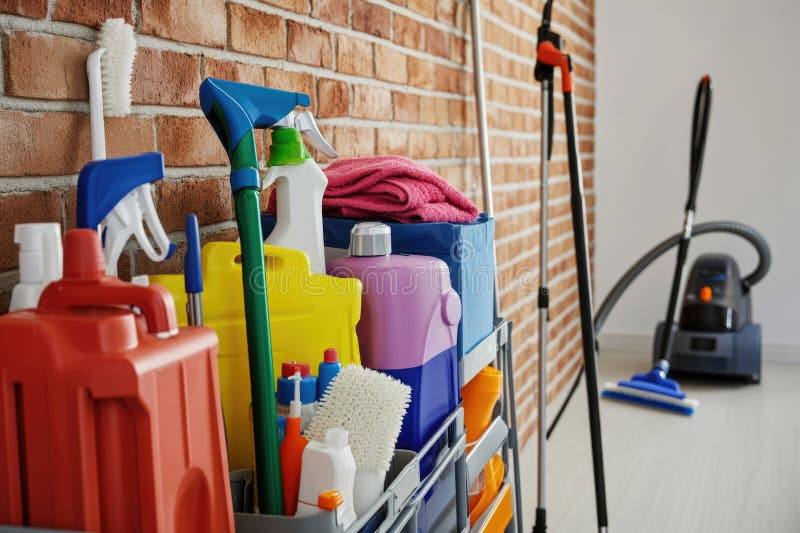A Collection of Cleaning Products Stacked on a Shelf Stock Image ...