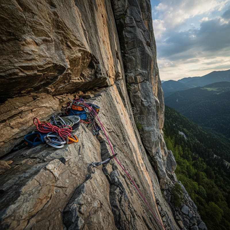 A Collection of Climbing Gear, Including Ropes and Harnesses, is Placed ...