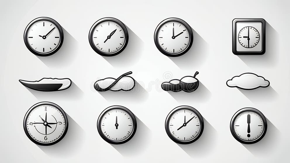 A Collection of Clock Faces Clouds and a Compass Arranged in a Grid on ...