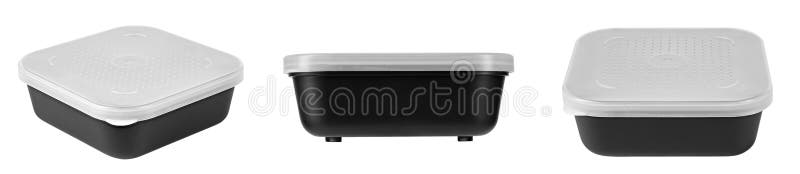 Collection of Closed Black Plastic Boxes with a White Lid Isolated on a ...