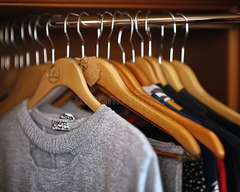 A Collection of Clothes Hanging on Wooden Coat Hangers Stock Photo ...