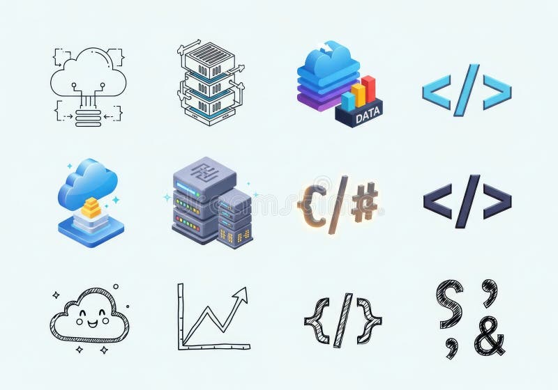 Collection of Cloud Computing Data Storage and Coding Icons in Modern Flat Style Stock ...