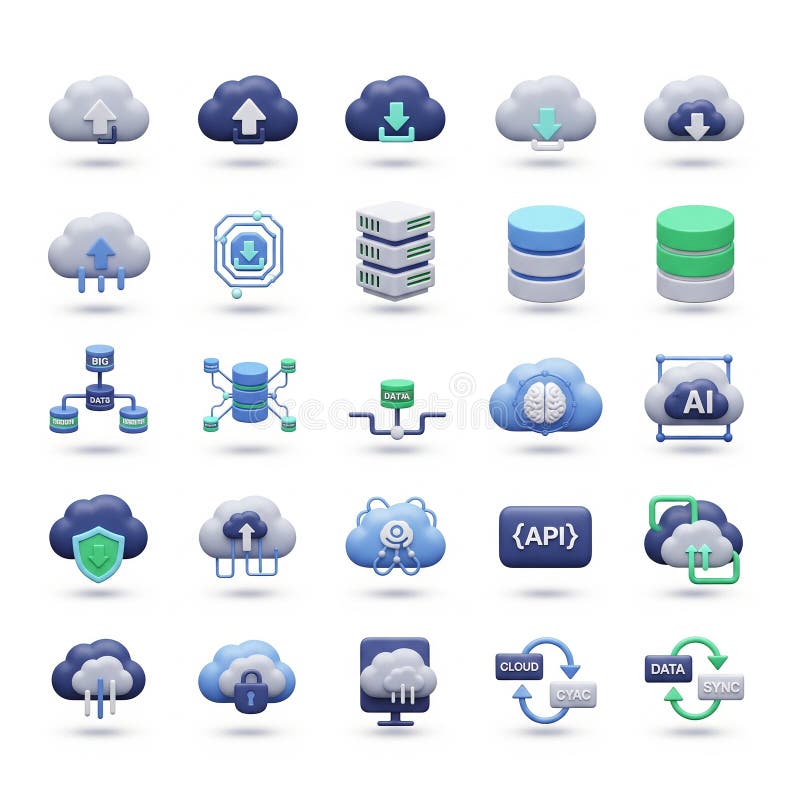 A Collection of Cloud Computing and Data Storage Icons in a Grid ...