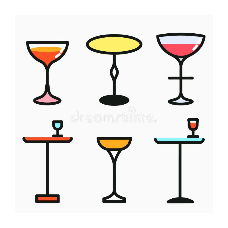 Collection Cocktail Glasses Tables Modern Simplistic Style Various Types Glasses Tables Stock
