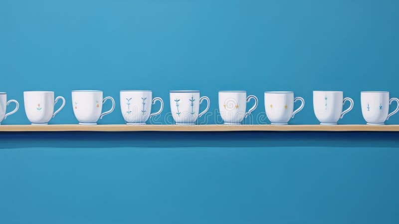 A Collection of Coffee Cups Displayed on a Wooden Shelf Stock Image ...