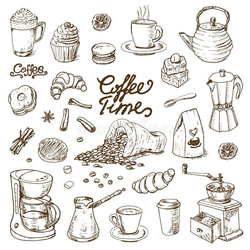 Collection of Coffee Doodle Elements for Cafe Menu, Fliers, Chalkboard ...