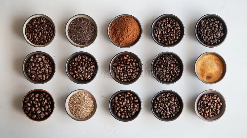 A Collection of Coffee Varieties Presented in Bowls Arranged on a White ...