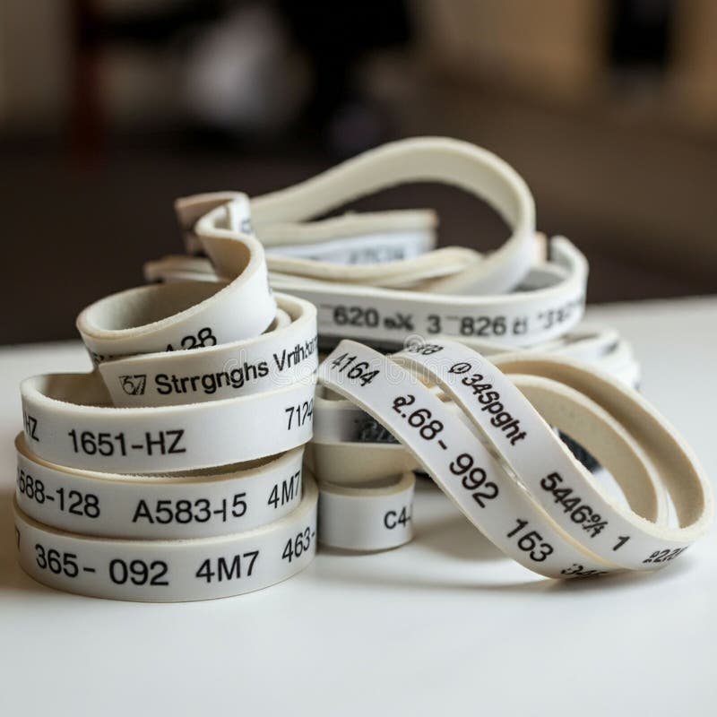 A Collection of Coiled, White Bands with Black Alphanumeric Text. the ...