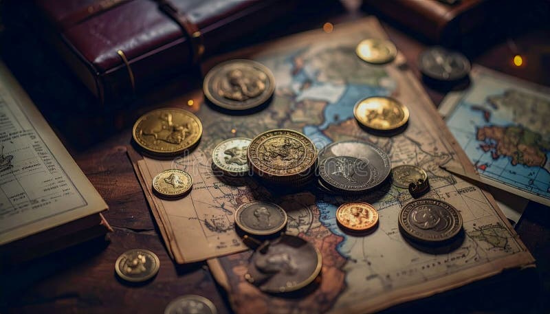 A Collection of Coins and a Map on a Table Stock Illustration ...