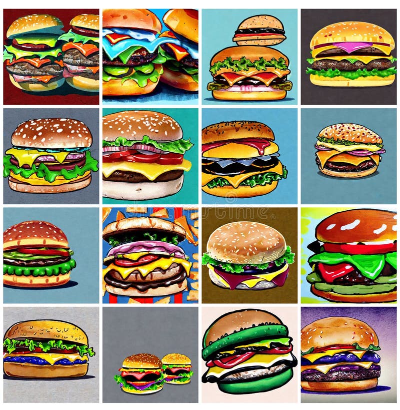 Collection of 16 Colorful Painted Cheeseburger Stock Illustration ...