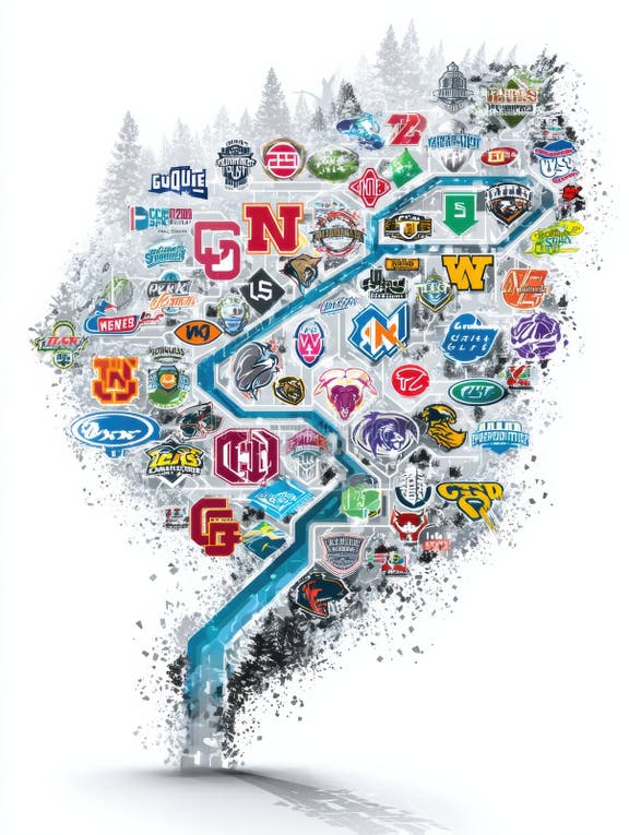 Collage of College Logos Displayed on a Map with Bracket Paths and ...