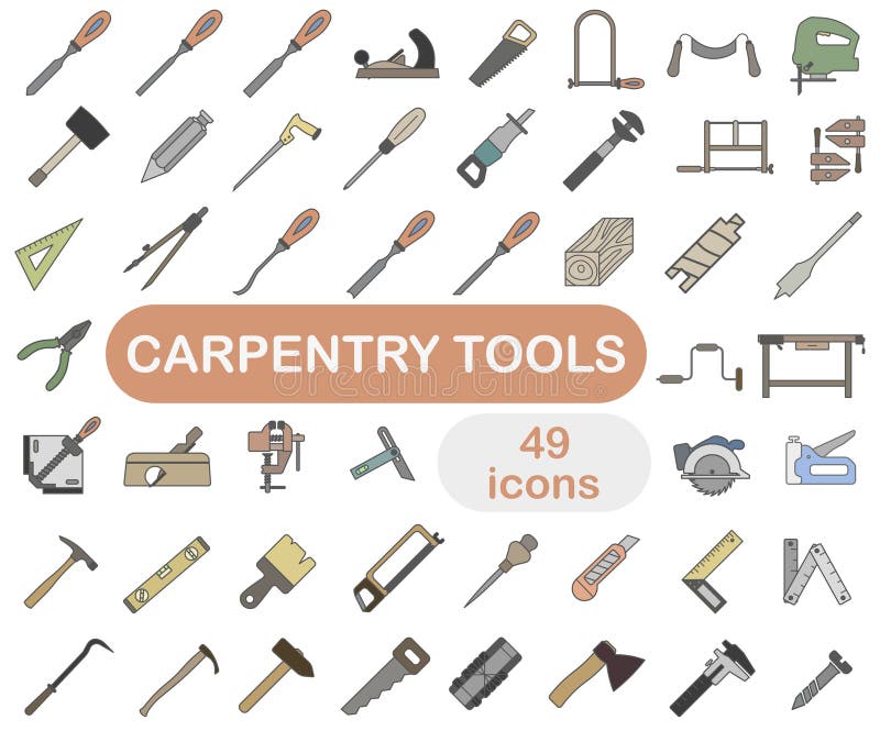 Collection of Color Icons of Carpentry Tools with Stroke. Tool for ...