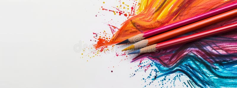 A Collection of Color Pencils Aligned on a Paper Scatterd with Paint ...