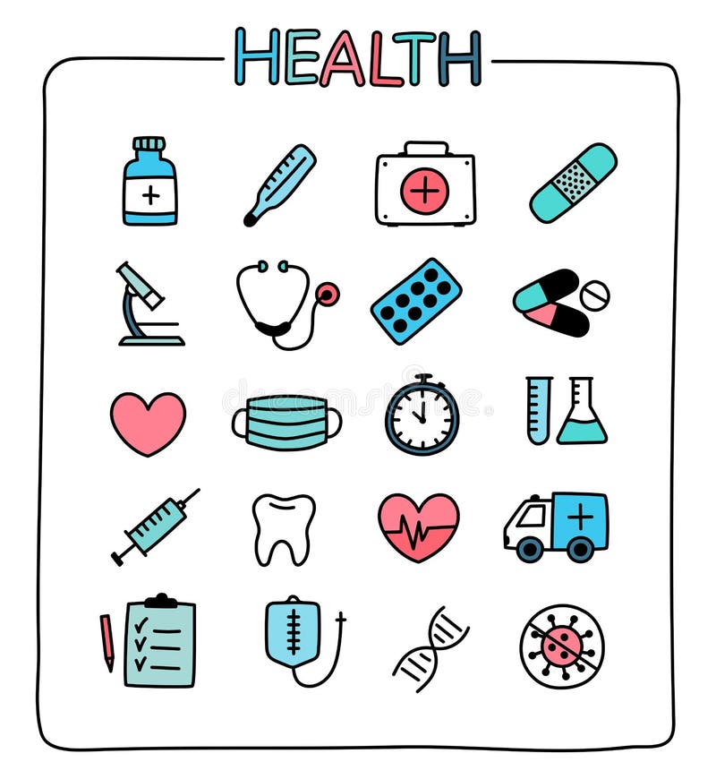 Collection of Colored Health Icons. Doodle Style Stock Vector ...