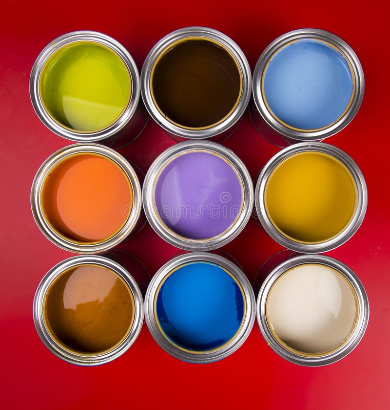 Collection of Colored Paints Cans, Red Background Stock Image - Image ...