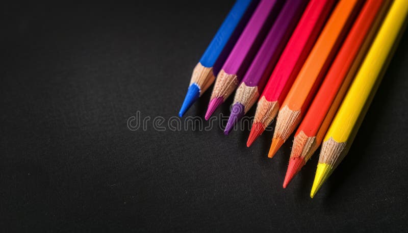 Collection of Colored Pencils Arranged in Straight Line on Dark Surface ...