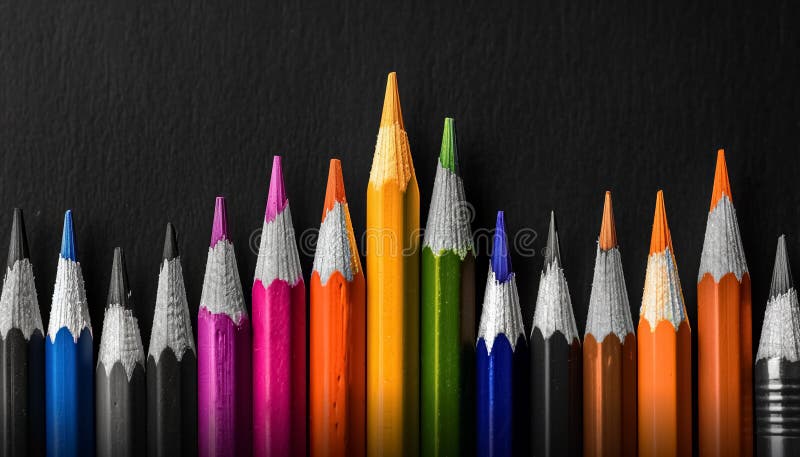 Collection of Colored Pencils Arranged in Straight Line on Dark Surface ...
