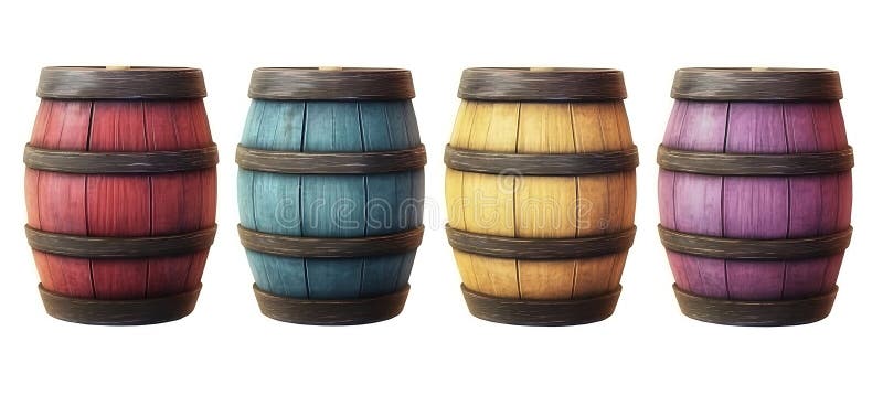 Collection of Colored Wooden Barrels on White Background Stock ...