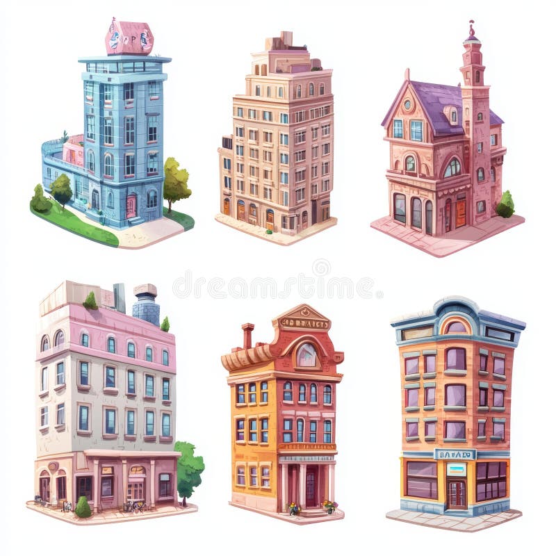 A Collection of Colorful Building Illustrations Showcasing Unique ...