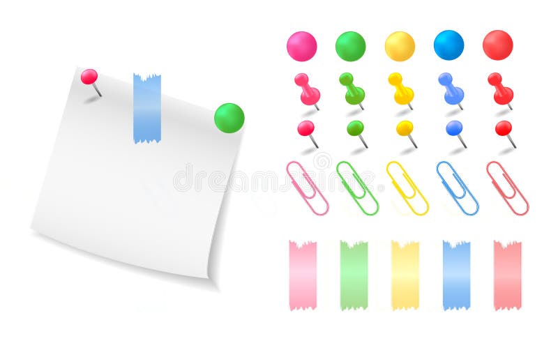 Collection Colorful Buttons, Pins and Clips. Paper Note. Vector ...