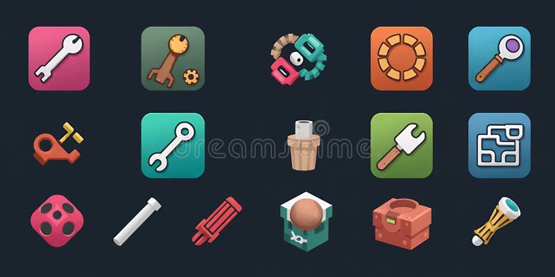 A Collection of Colorful Cartoon Style Icons Featuring Tools and Other ...
