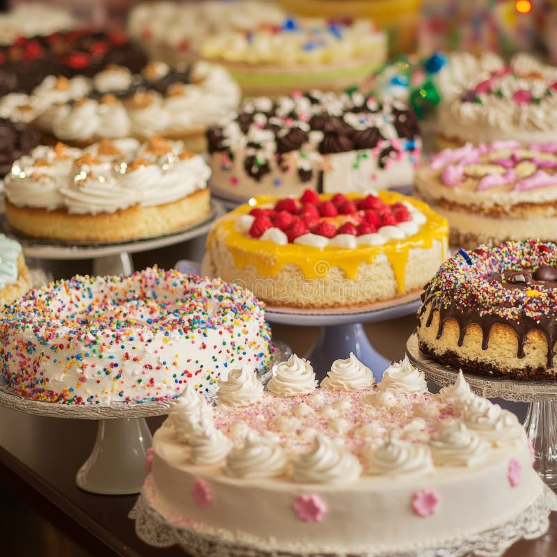 A Collection of Colorful and Decadent Cakes on Display Stock ...