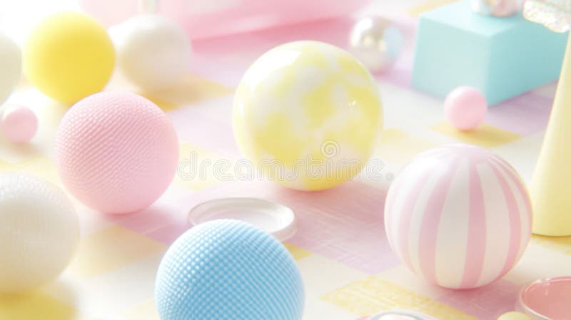 A Collection of Colorful Decorative Balls on a Pastel Checkered Surface ...