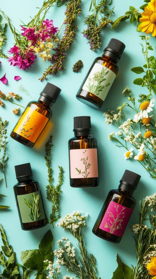 Colorful Essential Oil Perfume Bottles on a Showcase Stock Photo ...