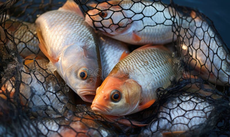 A Collection of Colorful Fish Caught in a Net Stock Illustration ...