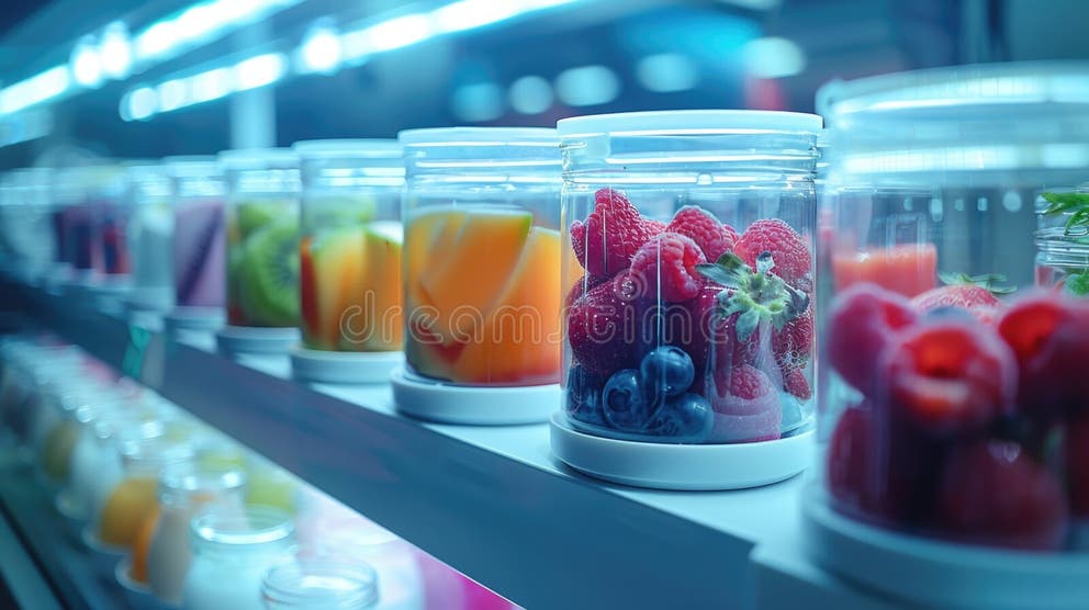 A Collection of Colorful Fruit Jars Arranged on a Table or Shelf Stock ...