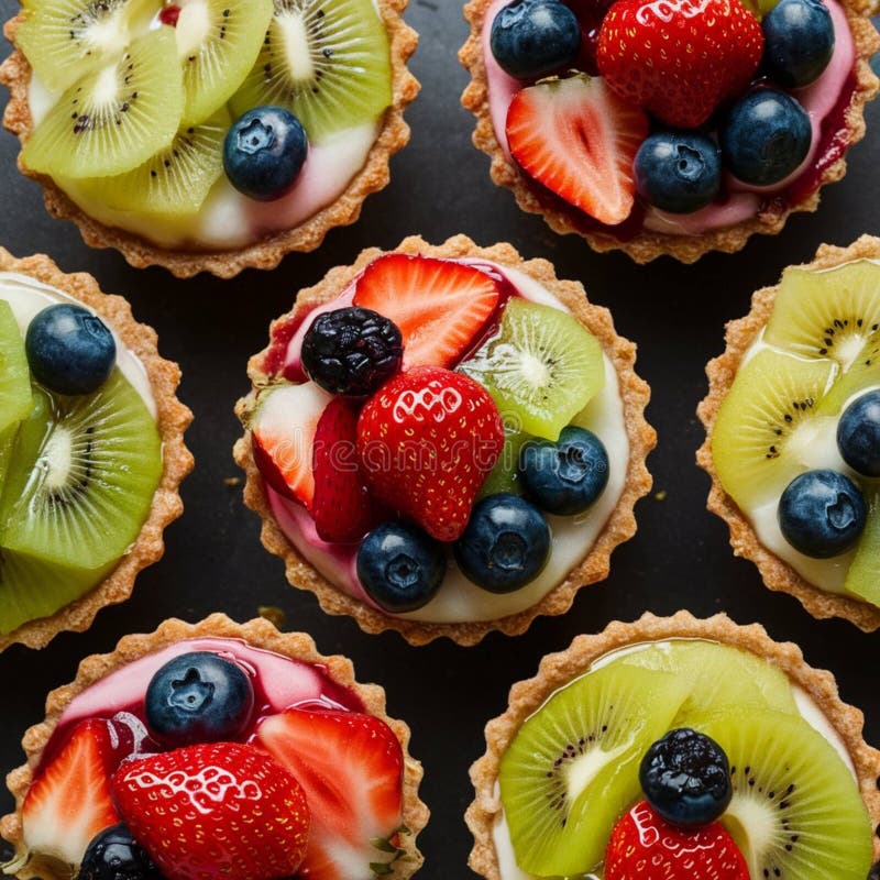 A Collection of Colorful Fruit Tartlets Elegantly Displayed on a Sleek ...