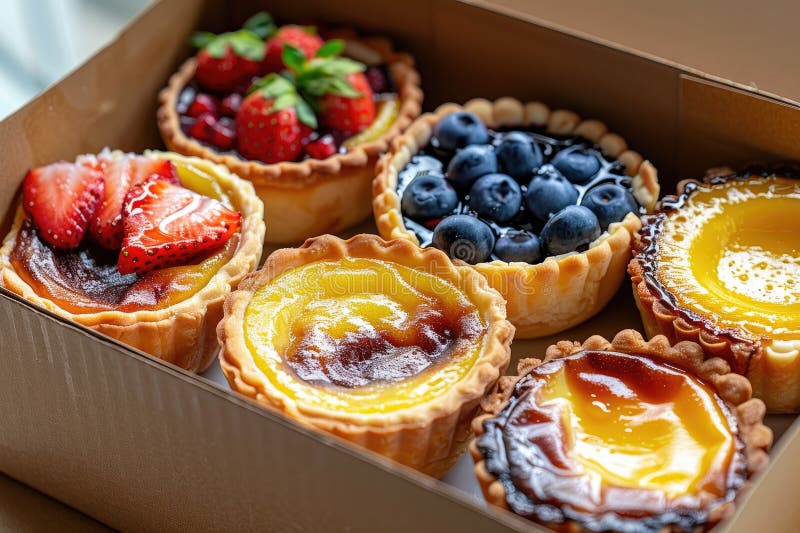 A Collection of Colorful Fruit Tarts in a Box Stock Illustration ...