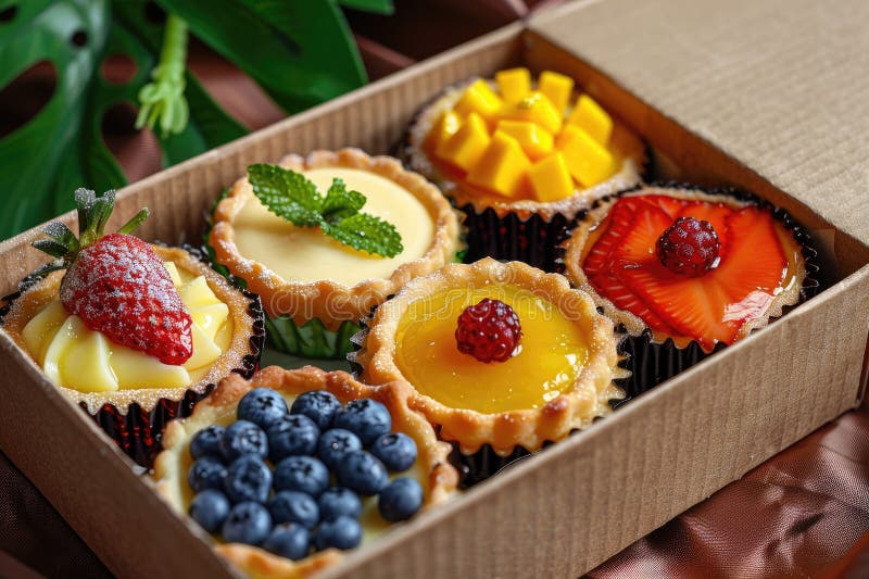 A Collection of Colorful Fruit Tarts in a Box Stock Illustration ...
