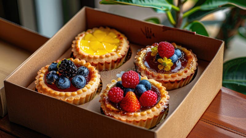 A Collection of Colorful Fruit Tarts in a Box Stock Illustration ...