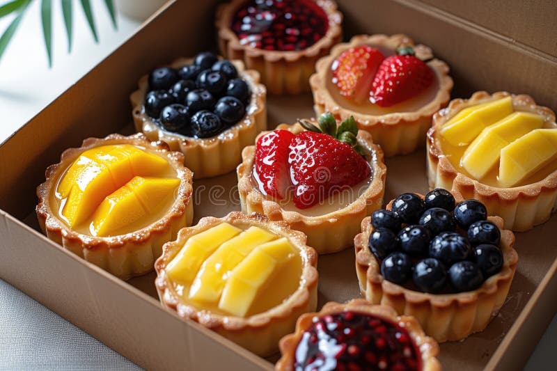 A Collection of Colorful Fruit Tarts in a Box Stock Illustration ...