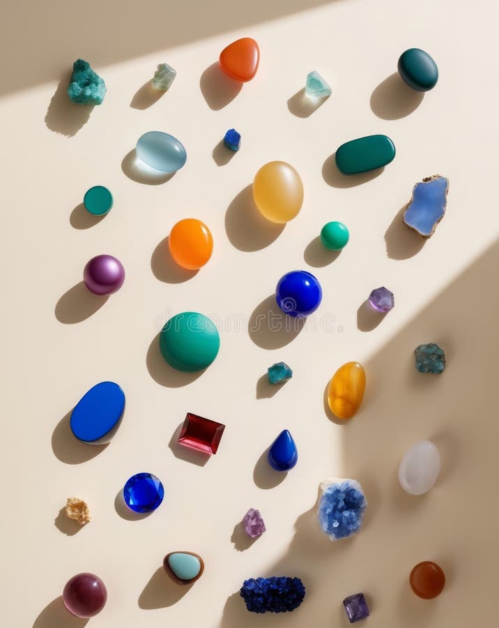 Collection of Colorful Gemstones and Minerals on Beige Background ...