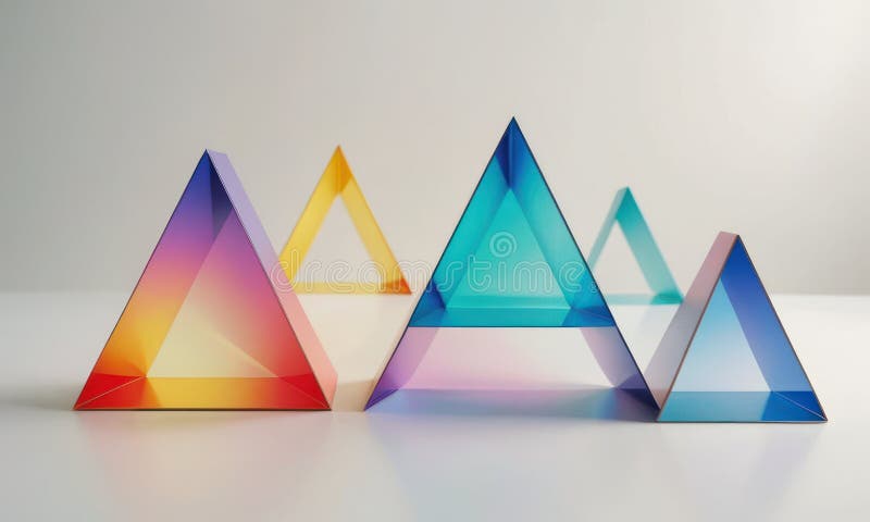 A Collection of Colorful Glass Pyramids are Arranged in a Row on a ...