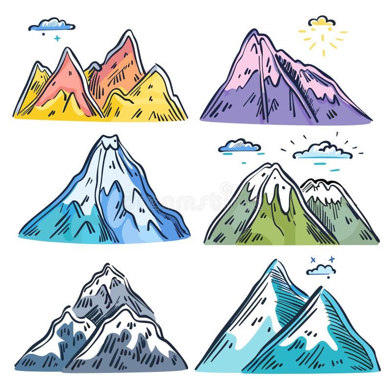 Collection Colorful Handdrawn Mountain Range Illustrations, Mountain ...