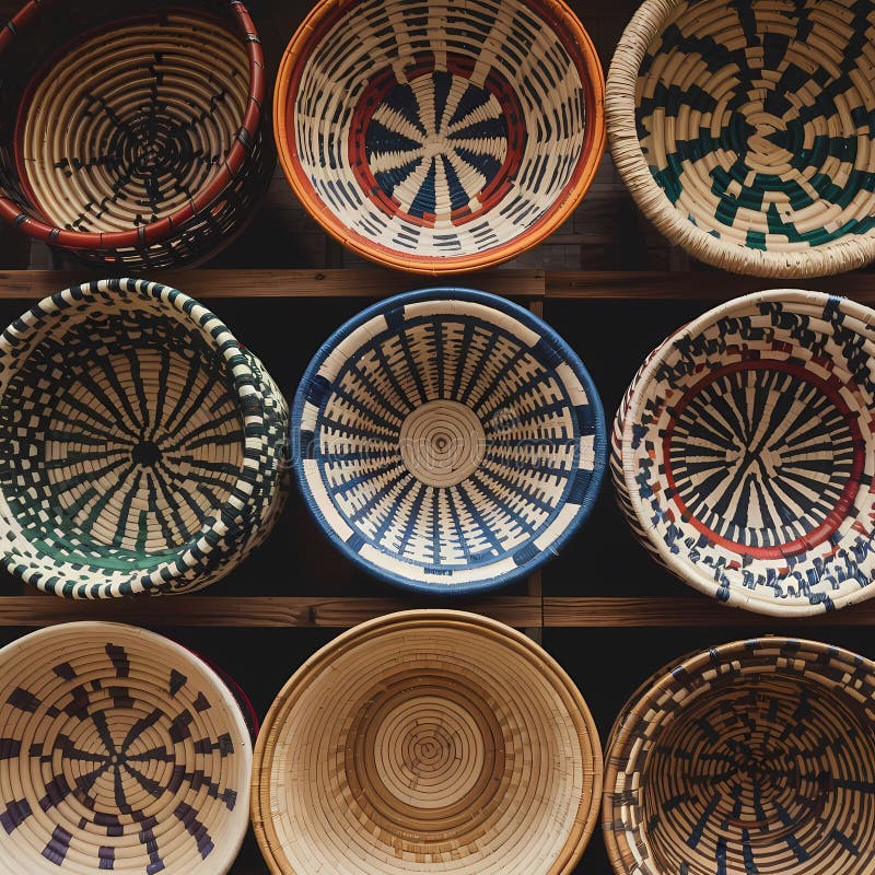 A Collection of Colorful Handmade Baskets Arranged on a Wooden Shelf ...