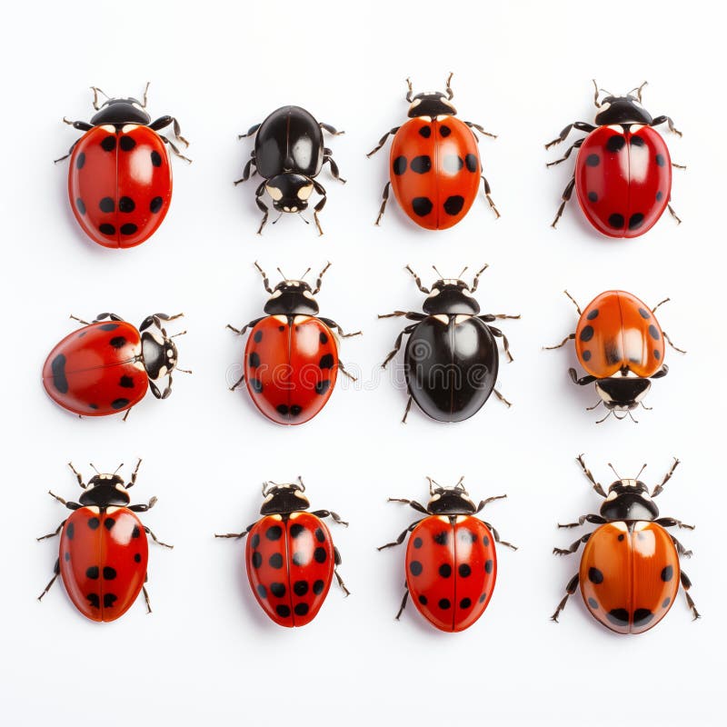 Collection of Colorful Ladybugs Arranged in Rows on a White Background ...