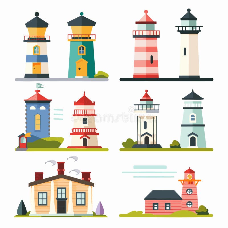 Collection Colorful Lighthouse Illustrations Set Against Isolated White ...