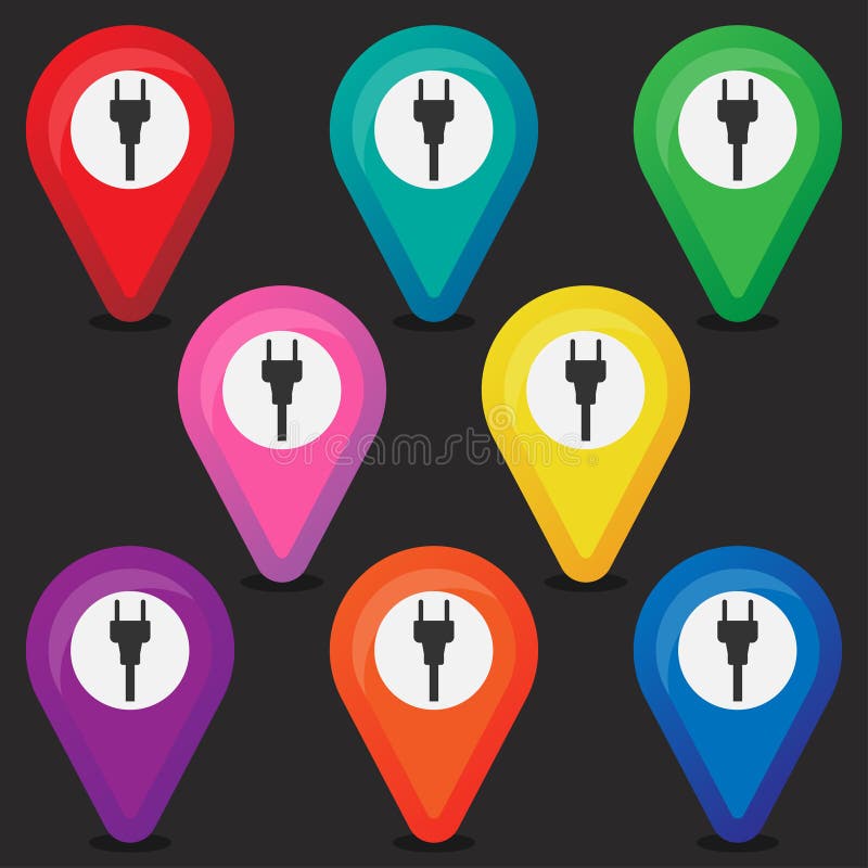 Collection of Colorful Location Pointers with Plug Sign Stock Vector ...