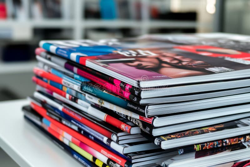 Collection of Colorful Magazines Stacked Neatly on a Table in a Modern ...