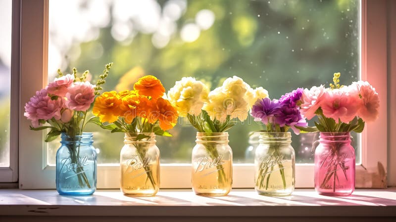 A Collection of Colorful Mason Jars with Flowers on the Windowsi Stock ...