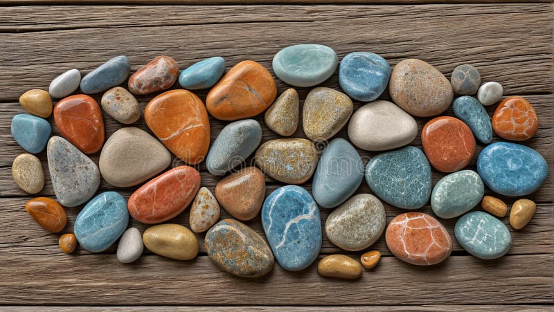 A Collection of Colorful Pebbles Arranged on a Wooden Surface. Stock ...