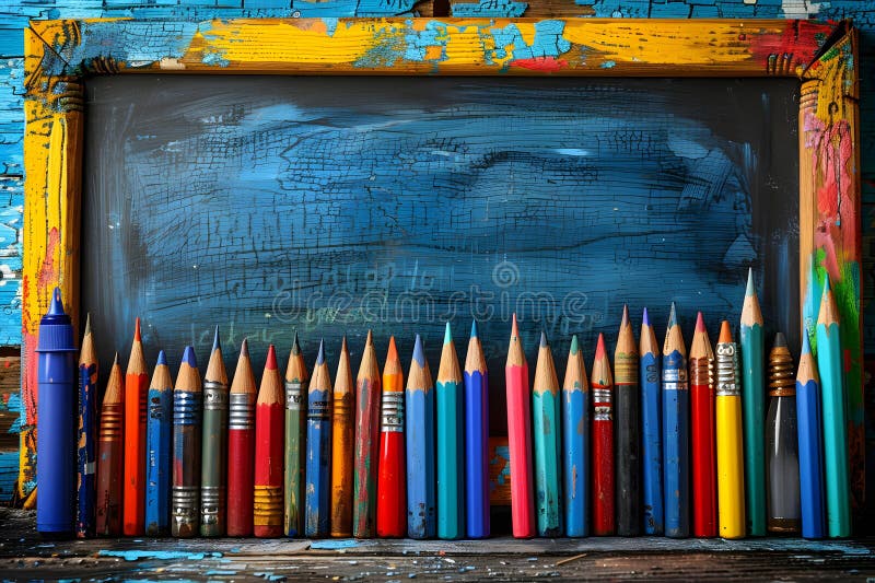 Colorful Pencils Aligned on Rustic Blackboard - Creative Art Supplies ...