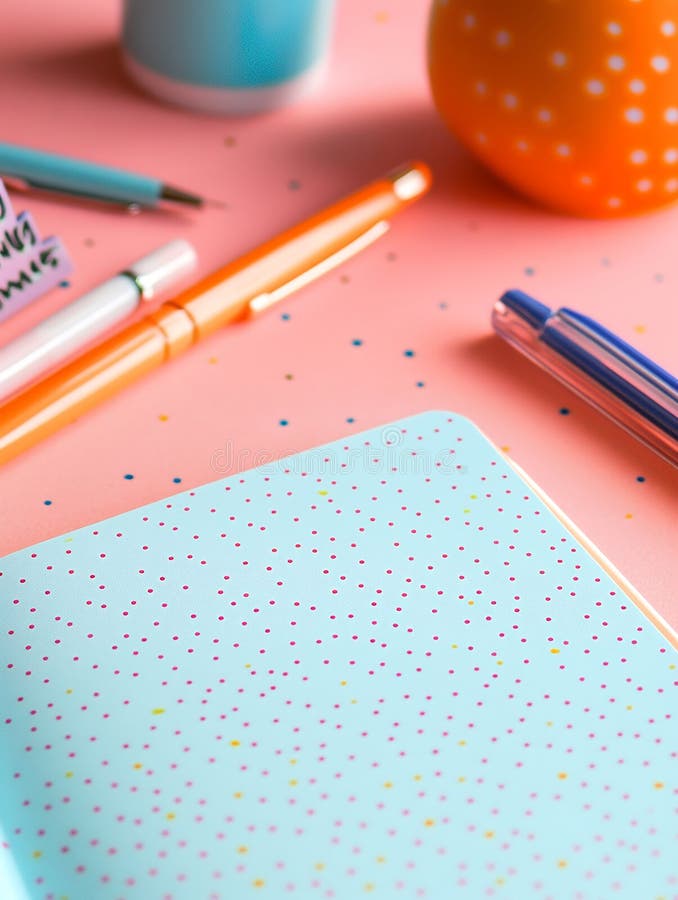 A Collection of Colorful Pens and a Dotted Notebook on a Bright Pink ...