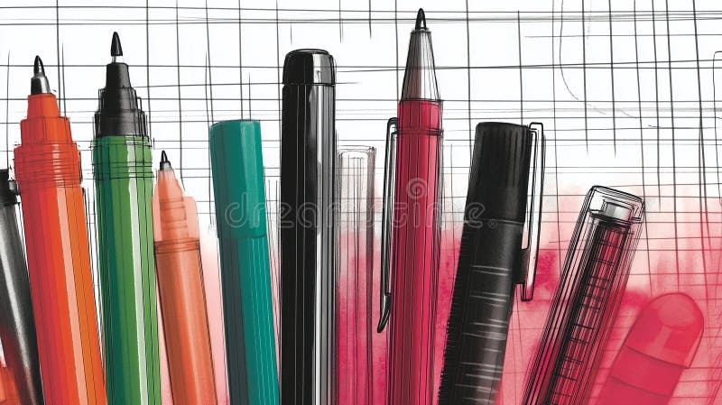 A Collection of Colorful Pens and Markers is Arranged Vertically ...