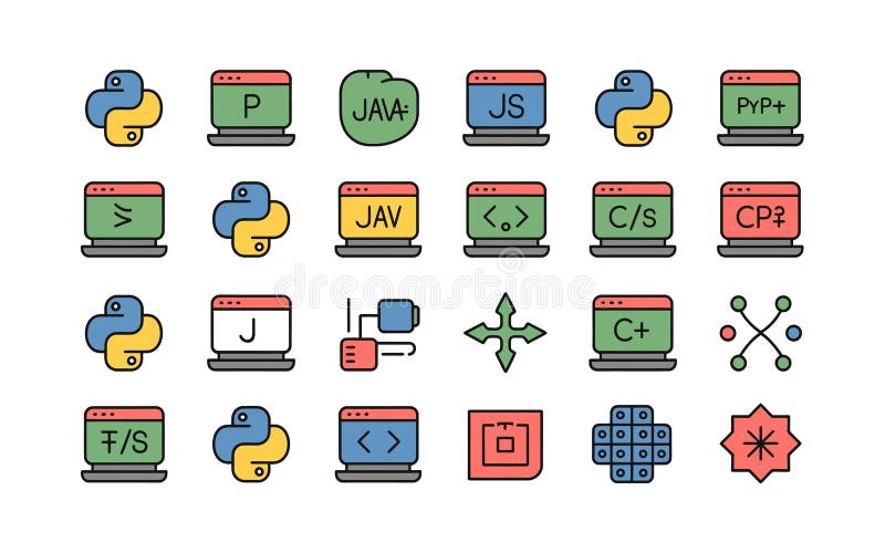 Programming Languages, Outsource System and Software Development, Data Center Set Stock Vector ...